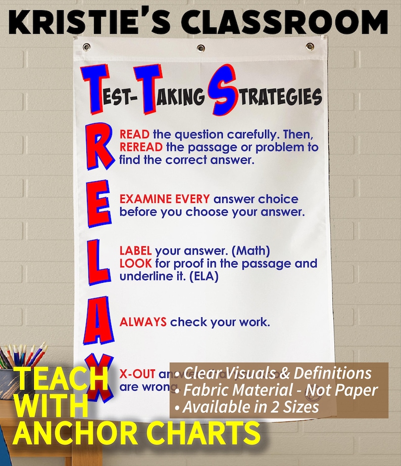 Test Taking Strategies Anchor Chart: Durable Fabric, Washable, Foldable ...
