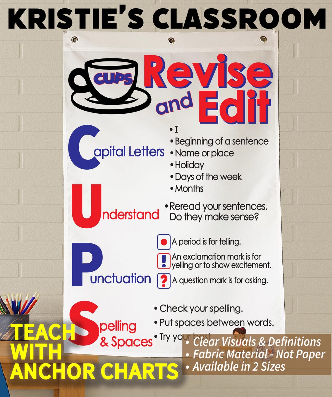 Revise and Edit Anchor Chart: Fabric Classroom Decor With Grommets - Etsy