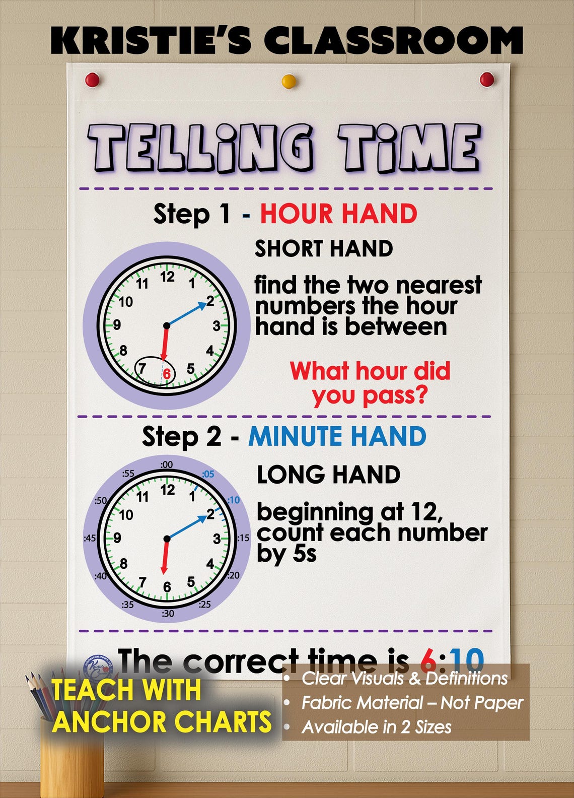 Telling Time With Analogue Clock Anchor Chart: Washable Fabric ...