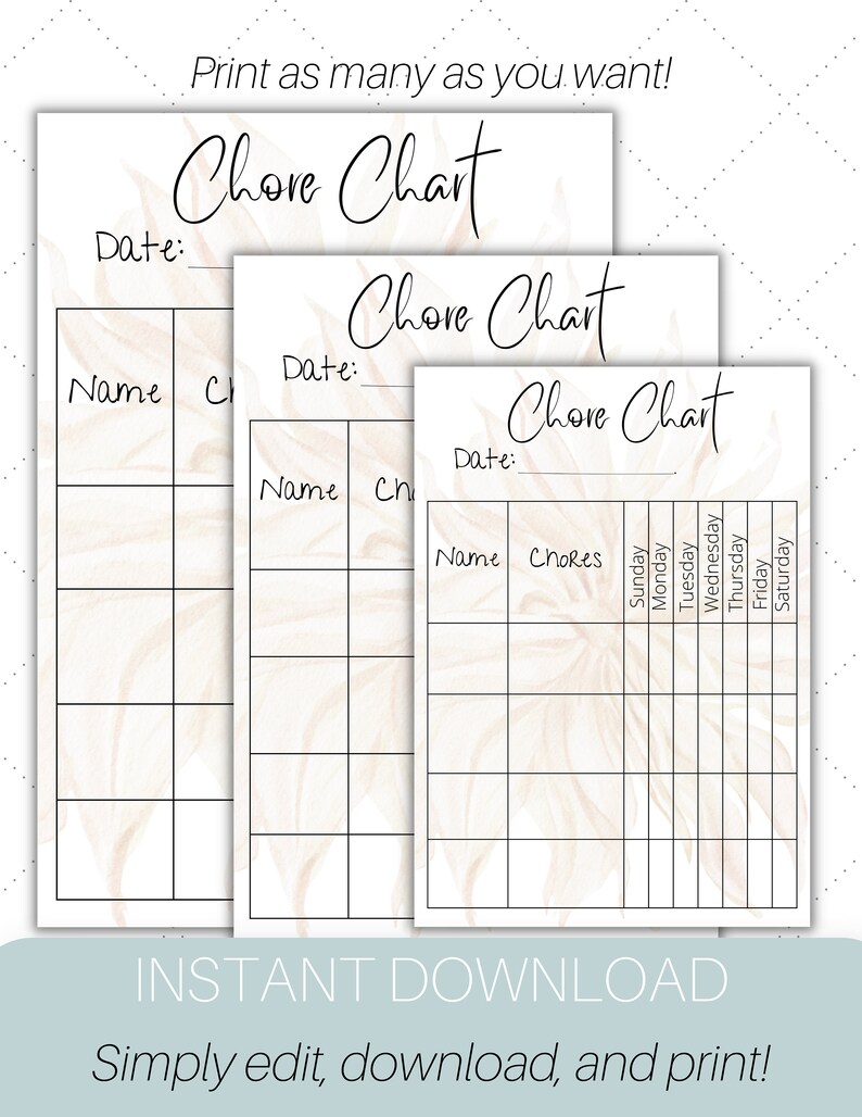 Simple Chore Chart for Kids Chore Chart Printable Family - Etsy