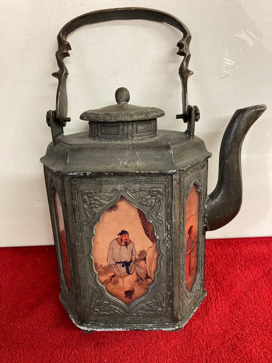 Antique Hexagonal Chinese Metal Teapots Reverse Hand Painted Glass ...
