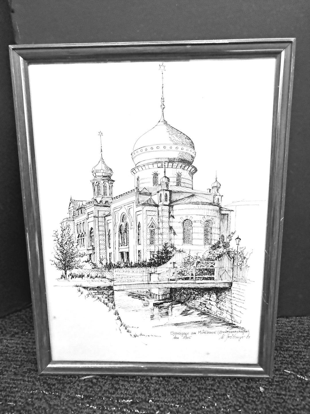Pen &ink Lithograph Drawing of Synagogue on Brenner St in Milulikanai ...