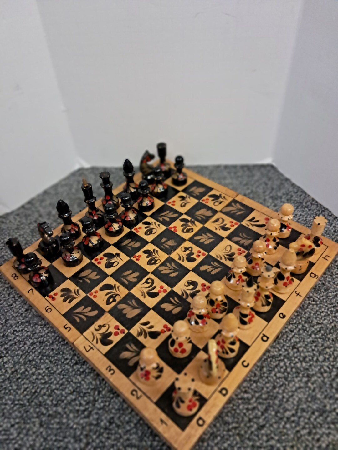 VTG Russian Chess Set Hand-painted Wooden Floral in Box 1992 Complete ...