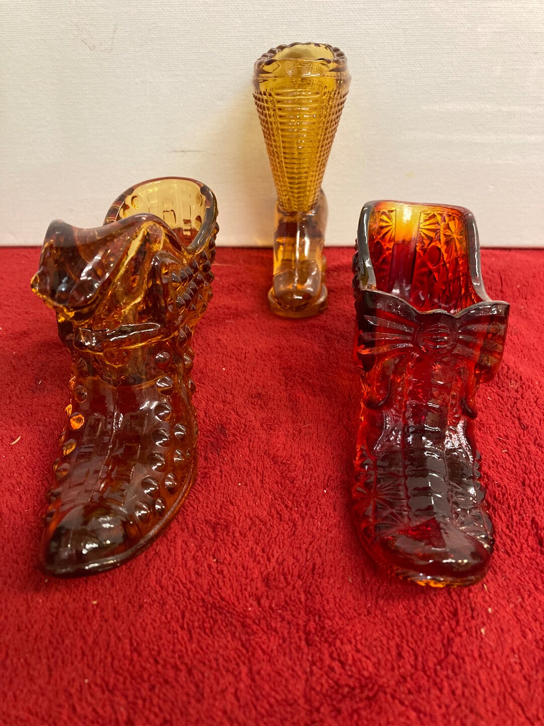 3 Fenton Art Glass Slipper Shoes Hobnail Amber Puss in Boots Figurine ...