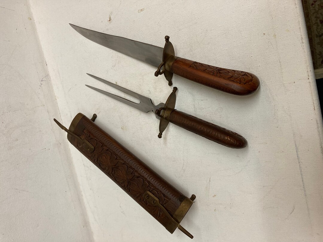 Vintage Fork and Knife Set in a Handmade Carved Wooden Display With ...