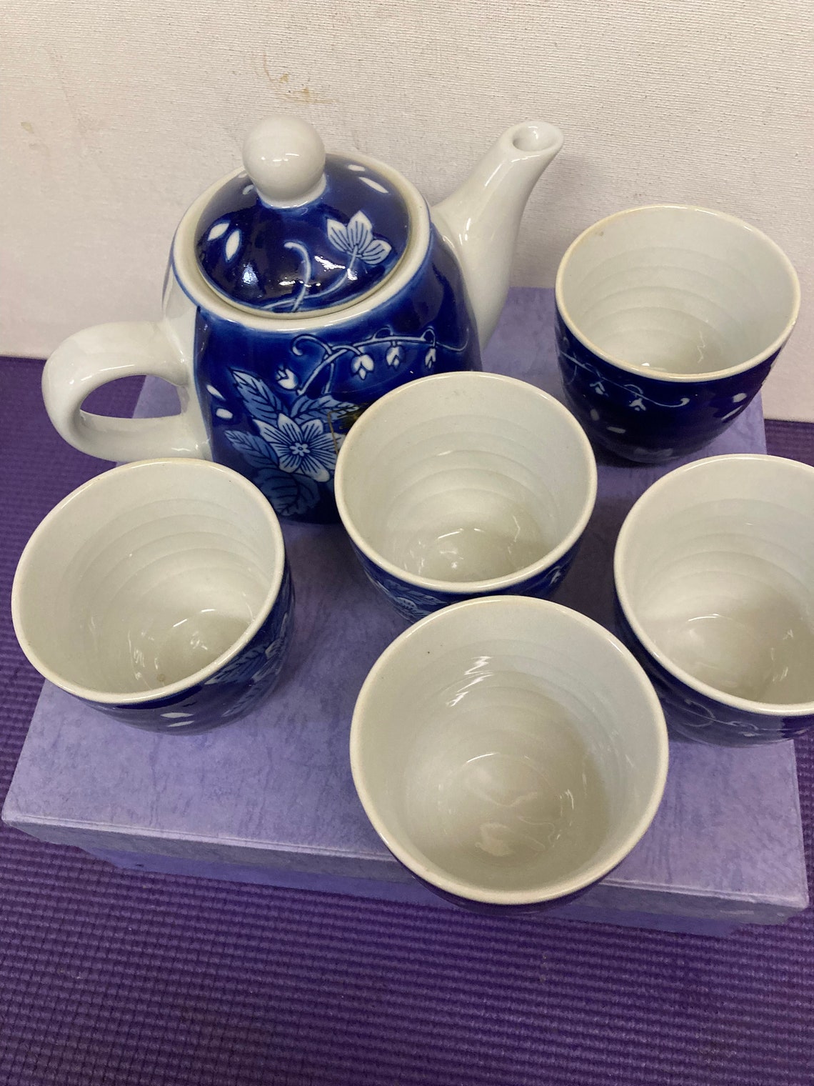 Kafuh Japan Tea Set, Blue Floral Design With Original Box - Etsy