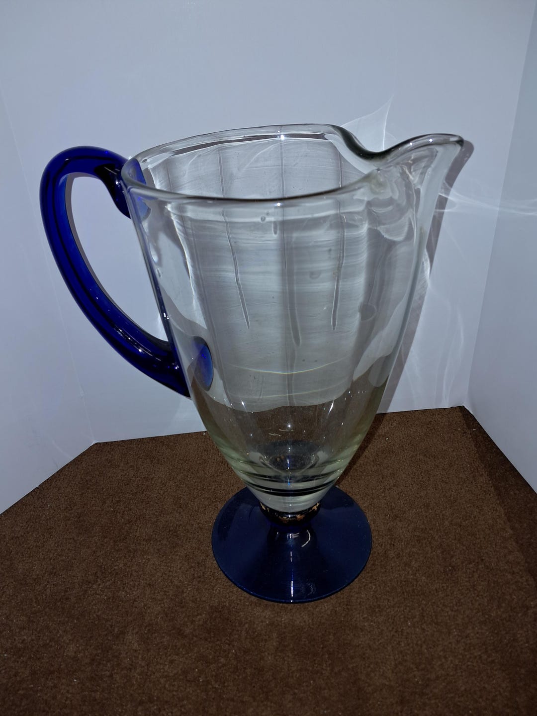 Vintage Crystal Pitcher, Art Deco Clear Cobalt Blue Trim Gold Ball Base ...