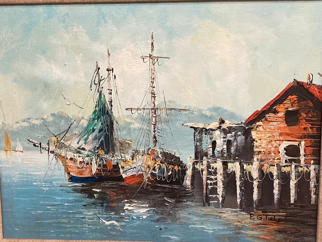 P.G. Tiele Original Oil Painting on Canvas Framed Nautical ...