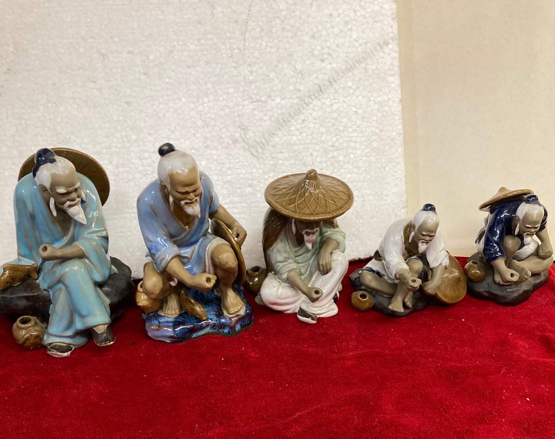 5 Vintage Chinese Mudmen - Ceramic Art Pottery - Asian Glazed Figurine ...