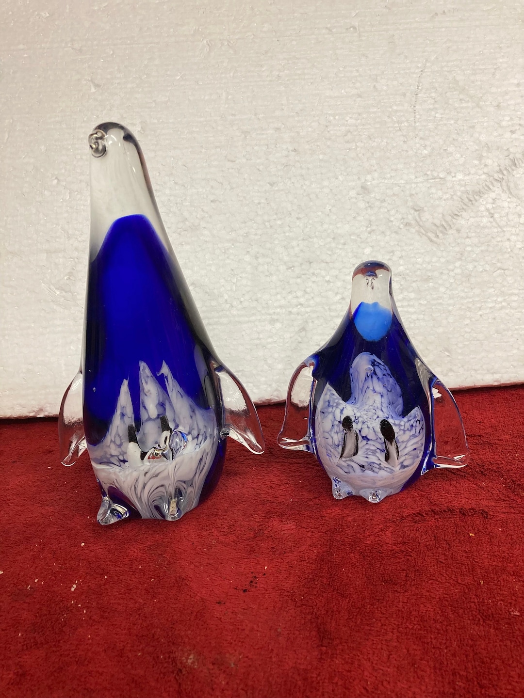 Two Art Glass Penguin With Penguins Inside Cobalt Blue Tall Arctic ...
