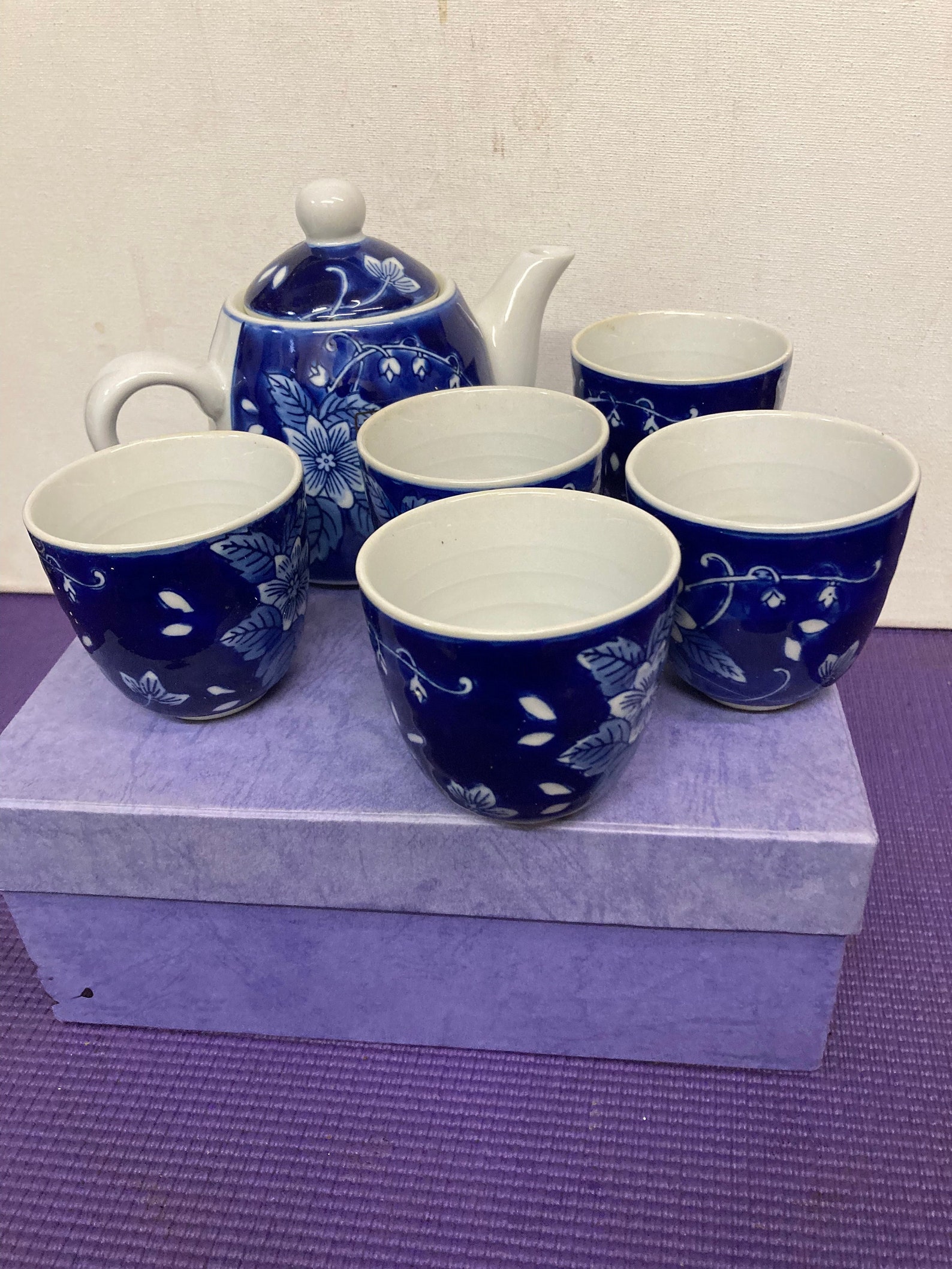 Kafuh Japan Tea Set, Blue Floral Design With Original Box - Etsy