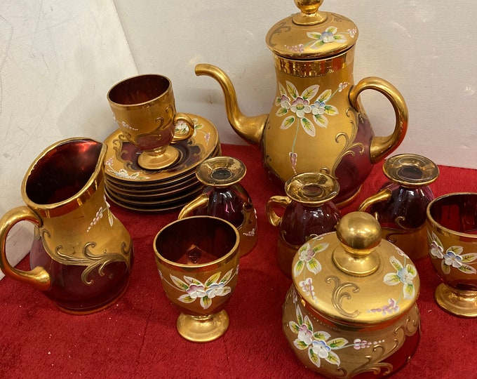 MURANO Glass Tea Coffee Set. 24K Gold. 6 Cups and 6 Plates, Creamer ...