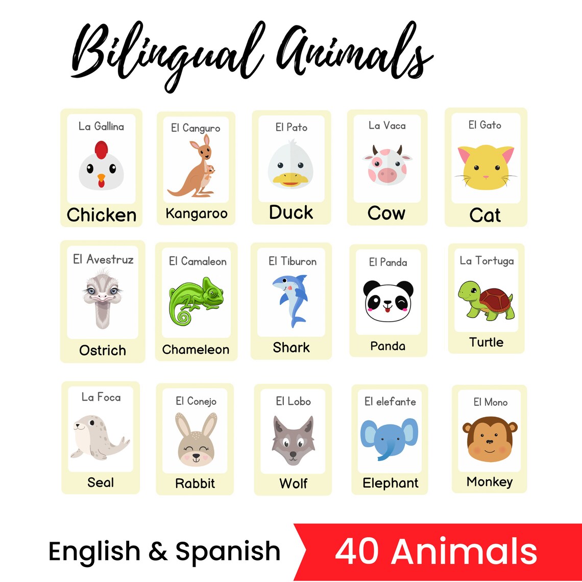 Bilingual Animal Flashcards in Spanish and English - 40 Printable ...