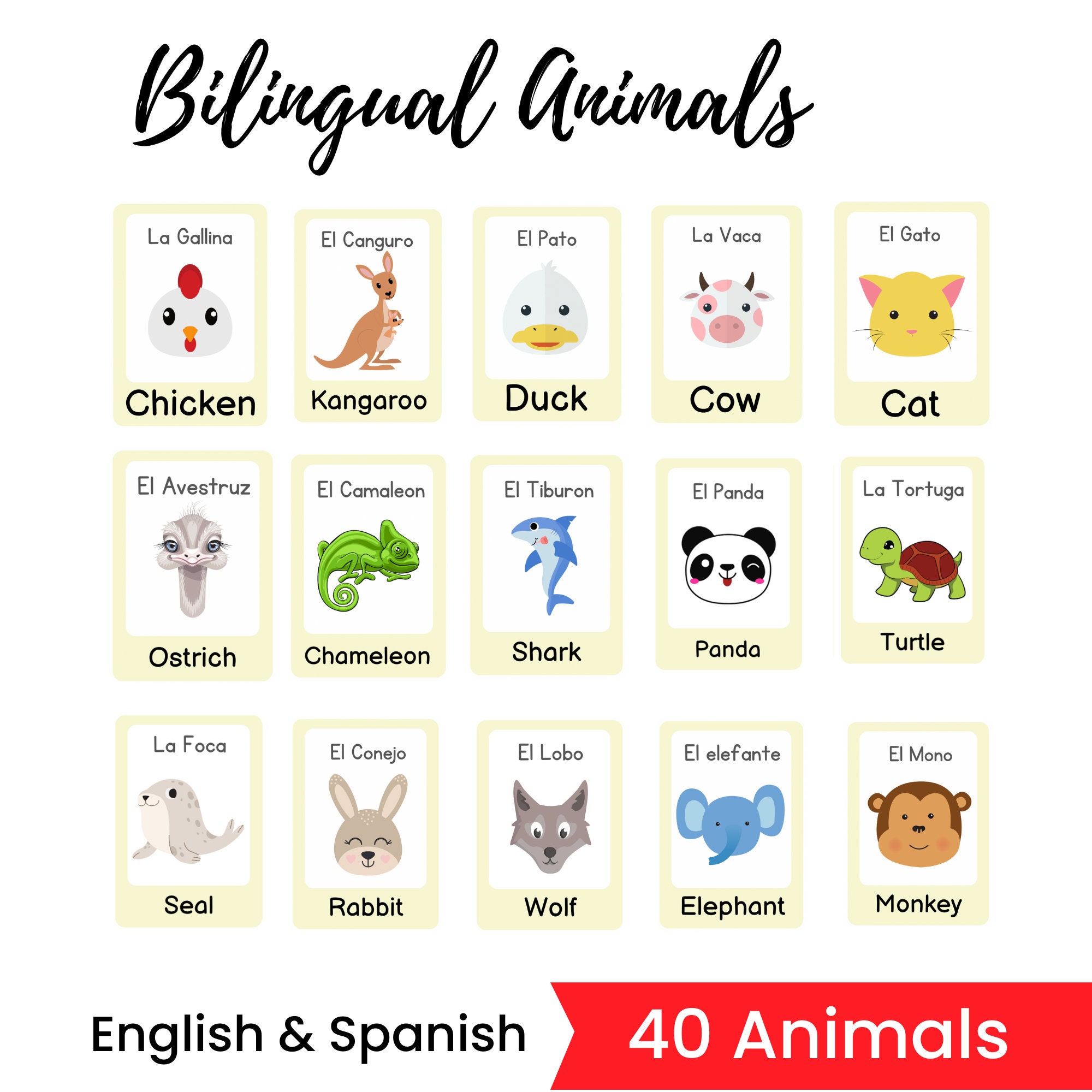 Bilingual Animal Flashcards in Spanish and English - 40 Printable ...