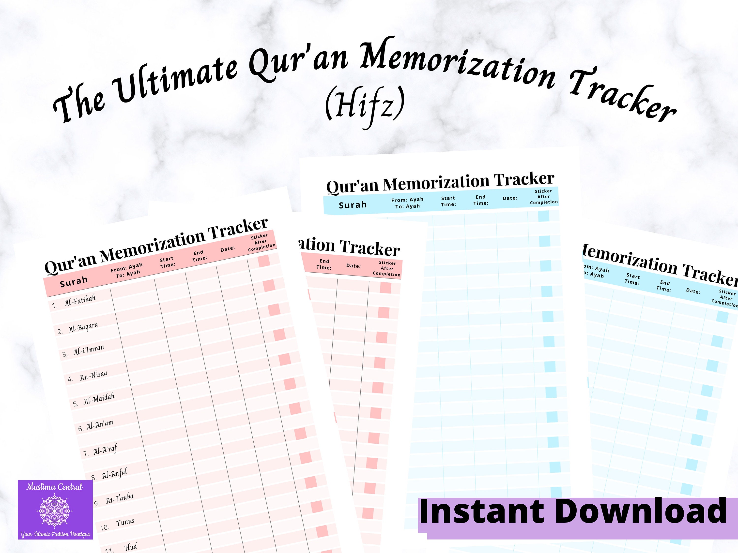 Qur'an Memorization Tracker, Hifz, Islamic Art, Digital Islamic Art - Etsy