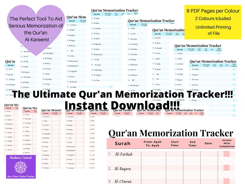 Qur'an Memorization Tracker, Hifz, Islamic Art, Digital Islamic Art - Etsy