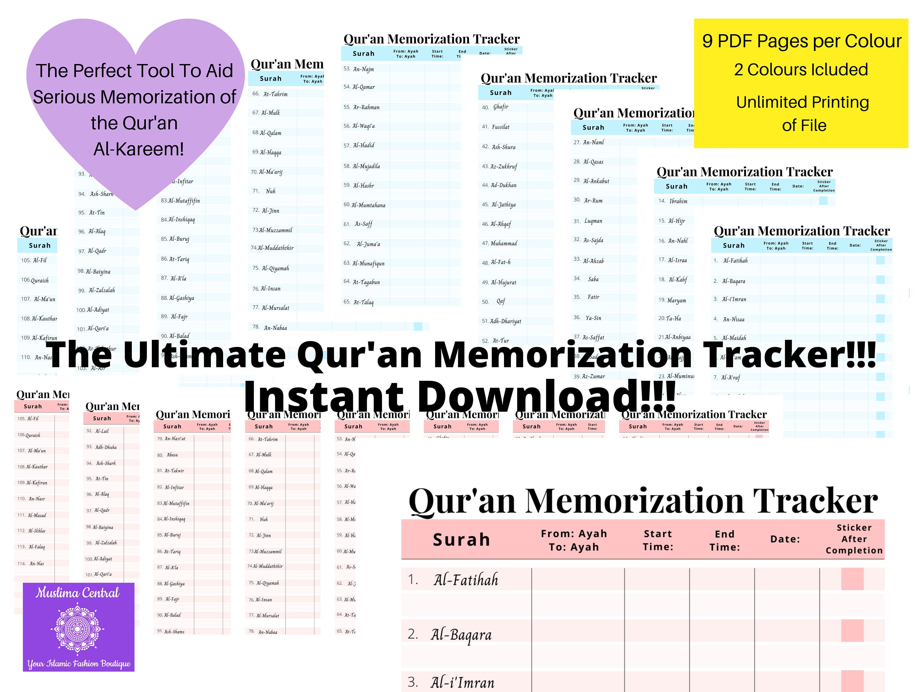 Qur'an Memorization Tracker, Hifz, Islamic Art, Digital Islamic Art - Etsy