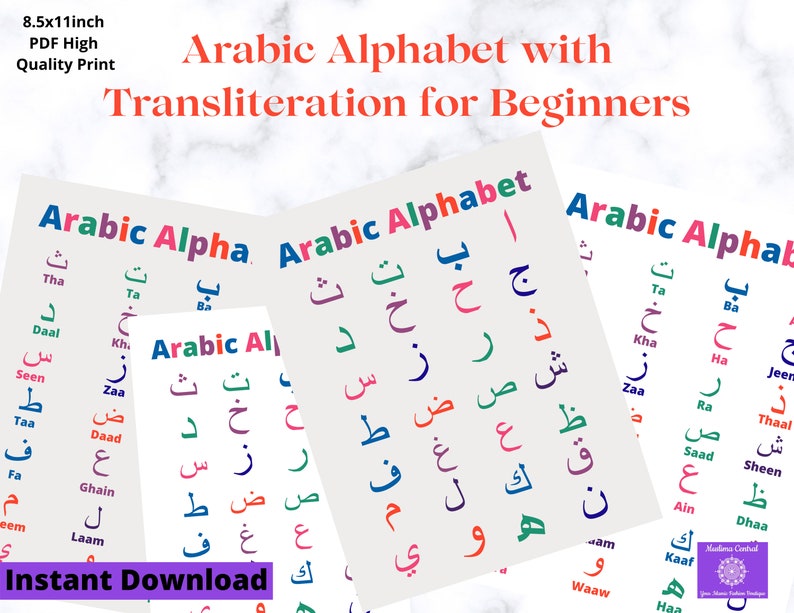 Arabic Alphabet With Transliteration for Beginners-islamic Nursery Art ...