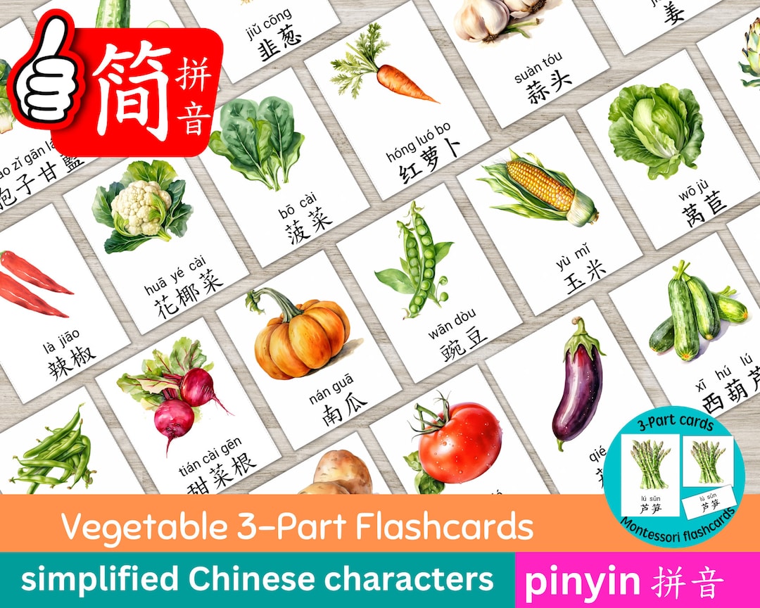 Vegetable Chinese Flashcards, Pinyin Chinese Flash Cards, 3-part ...