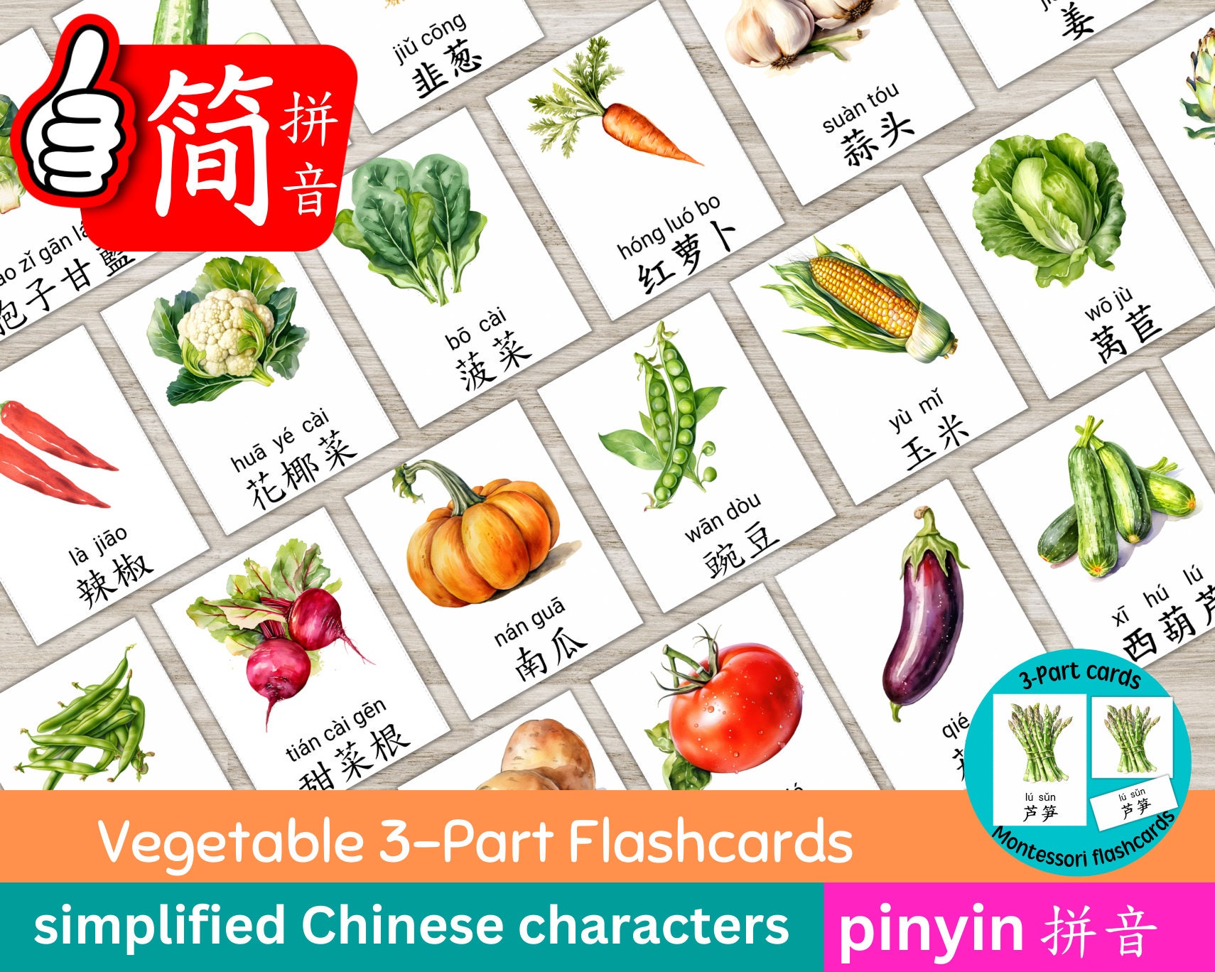 Vegetable Chinese Flashcards, Pinyin Chinese Flash Cards, 3-part ...