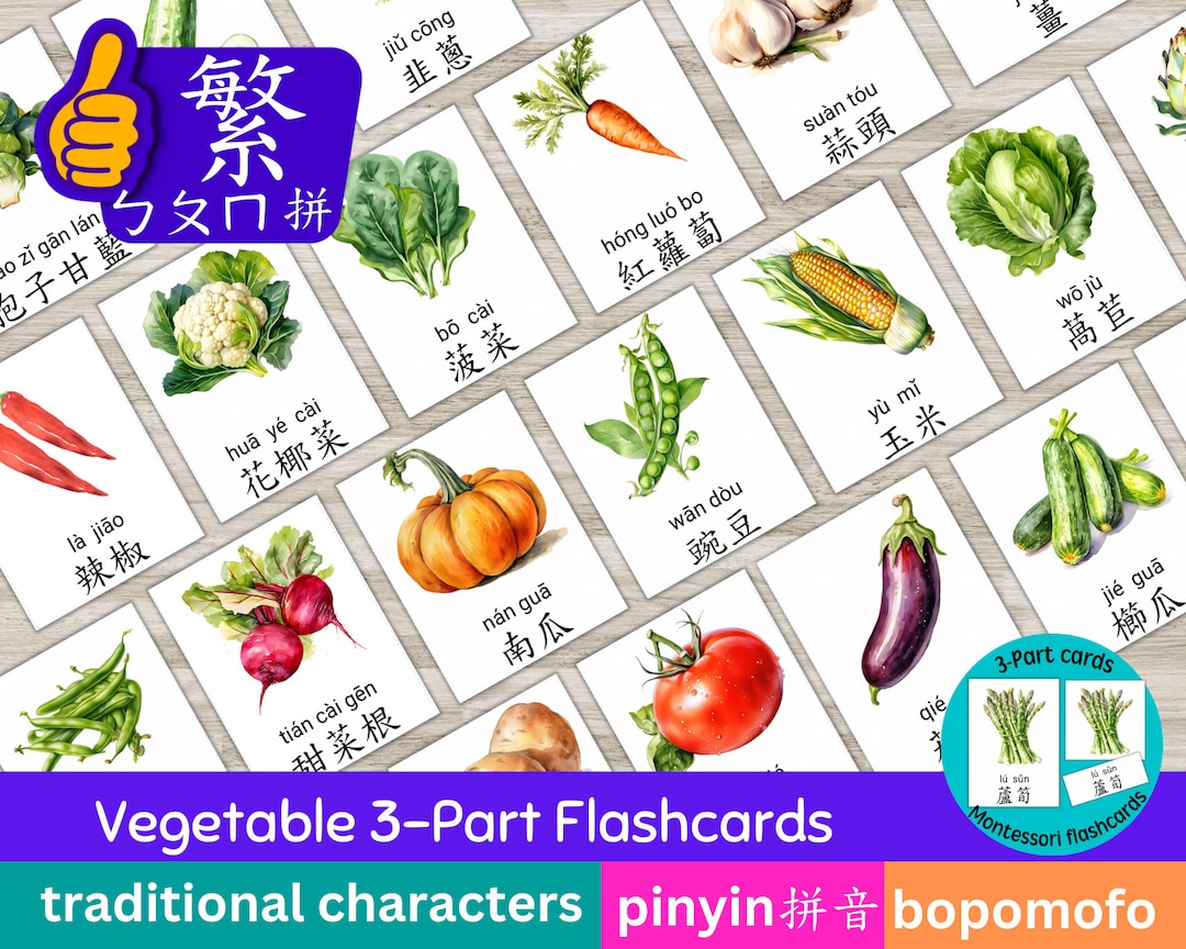 Vegetables Chinese Flashcards, Bopomofo Pinyin Chinese Flash Cards, 3 ...
