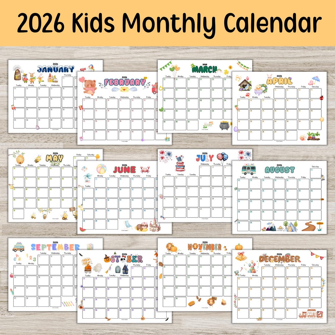 2026 Monthly Calendar I Kids Monthly Planner L Kids Schedule L Children ...
