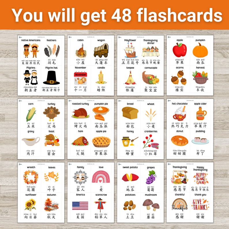 Thanksgiving Chinese Pinyin Flashcards, Chinese Flashcards, Bilingual ...