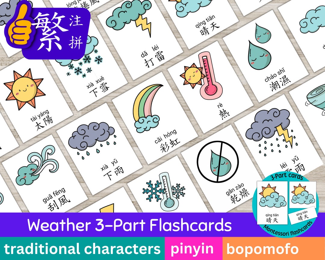 Weather Chinese Flashcards, Bopomofo Pinyin Chinese Flash Cards, 3 ...