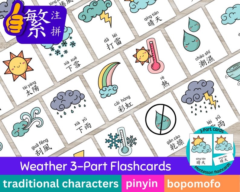 Weather Chinese Flashcards, Bopomofo Pinyin Chinese Flash Cards, 3 ...