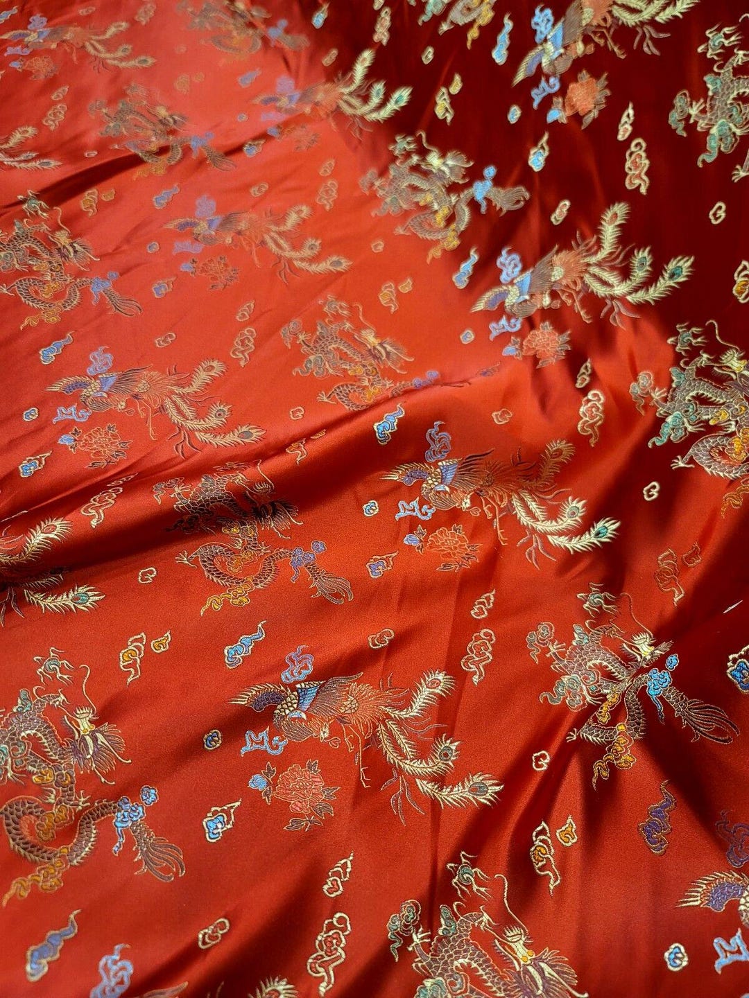 Red Color Brocade Silk Satin Chinese Woven Fabric by the Yard Dragon ...