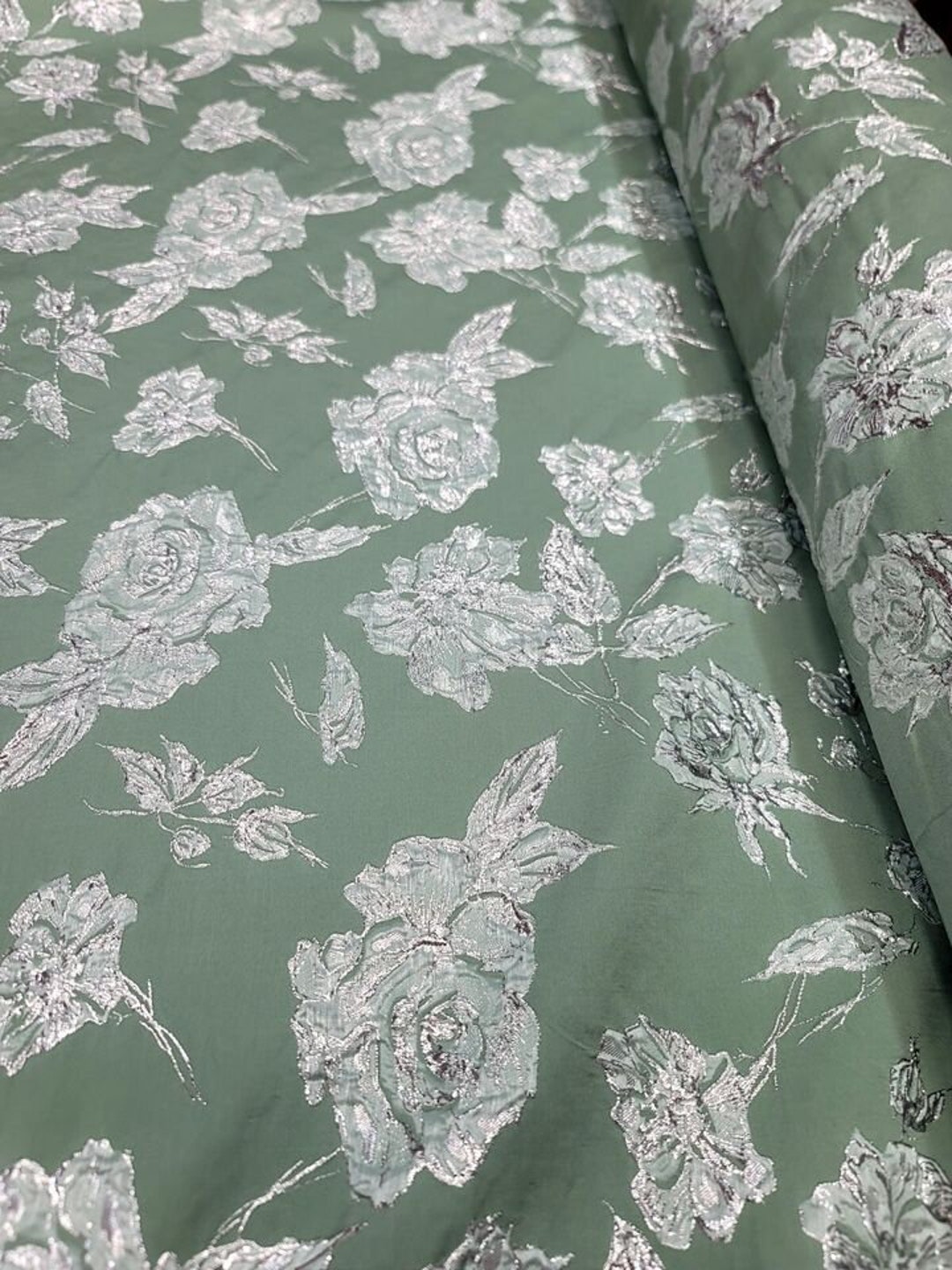 Sage Green Gold Floral Brocade Fabric Sold by the Yard Textured ...