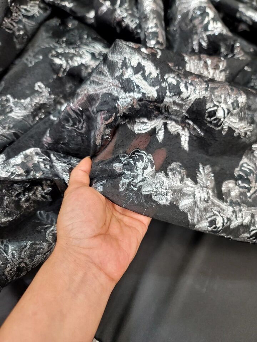 Brocade Black Organza Metallic Silver Floral Flower Prom Fabric Sold by ...