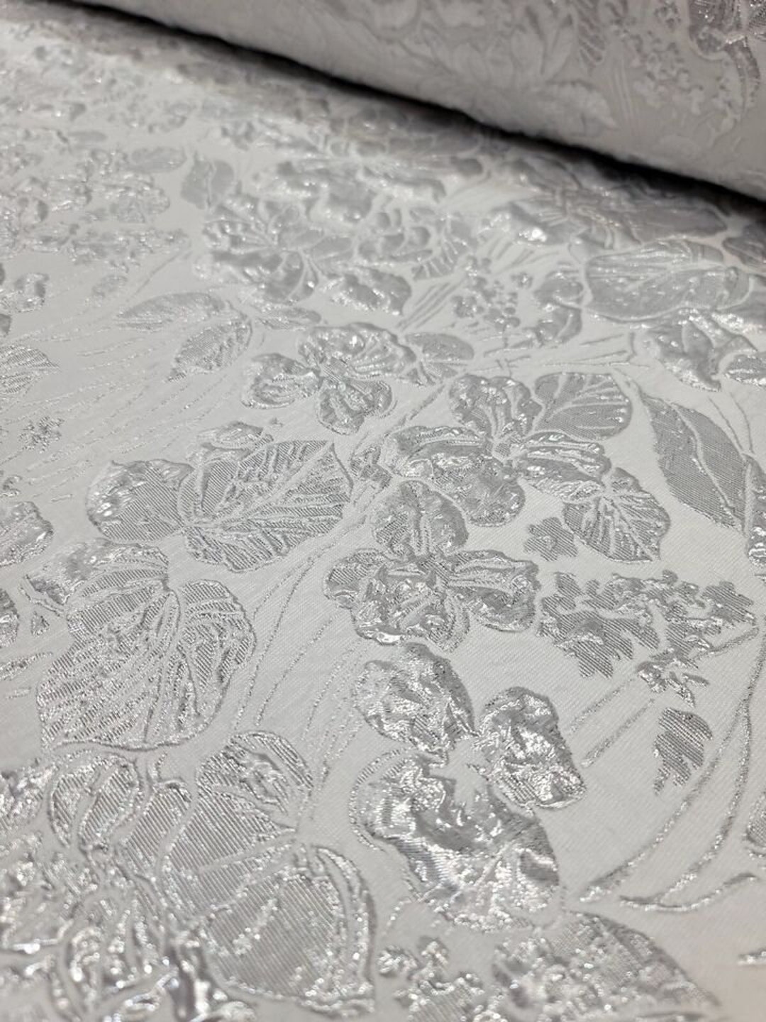 White Jacquard Brocade Metallic Silver Flower Floral Fabric by the Yard ...