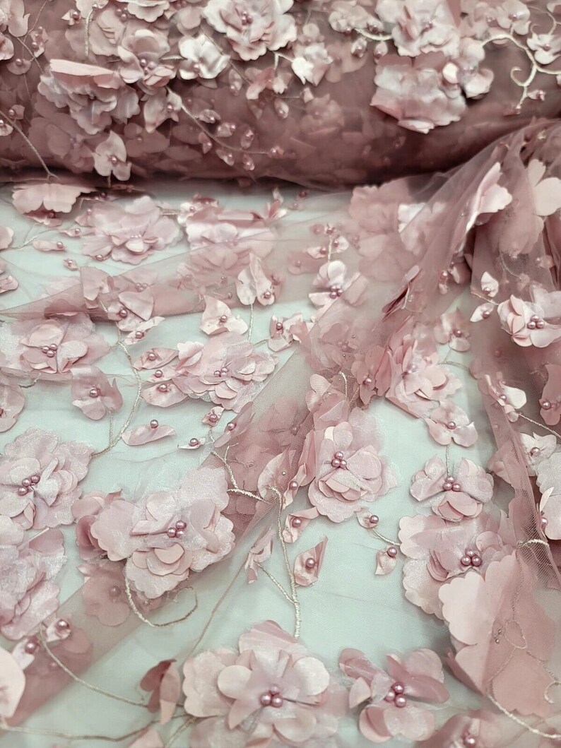 Fabric Sold by the Yard 3d Floral Lace Dusty Rose Embroidery Pearls ...