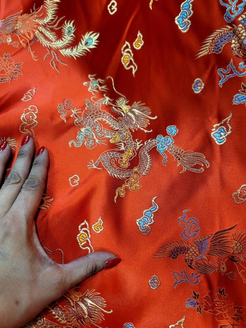 Red Color Brocade Silk Satin Chinese Woven Fabric by the Yard Dragon ...