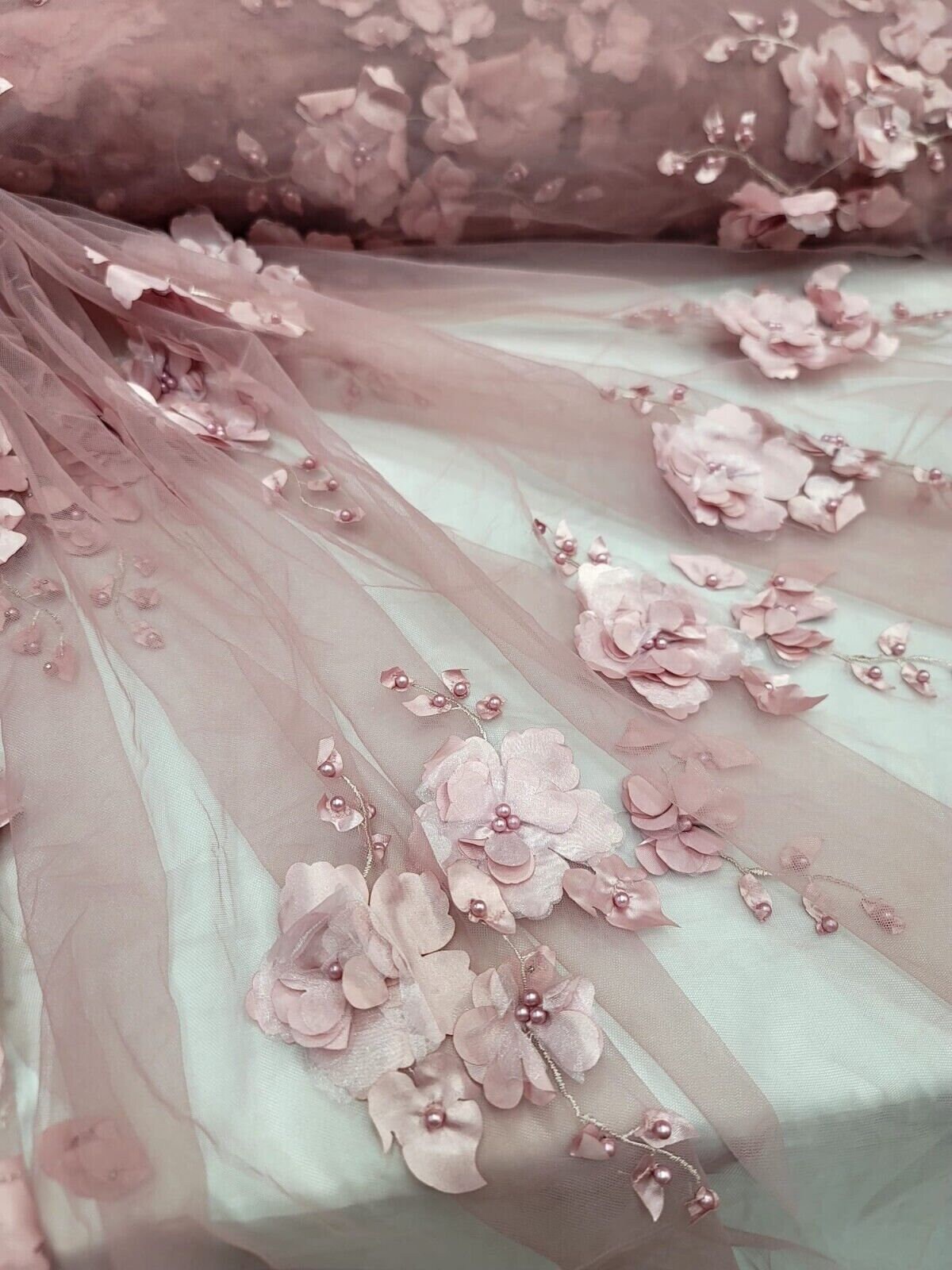 Fabric Sold by the Yard 3d Floral Lace Dusty Rose Embroidery Pearls ...