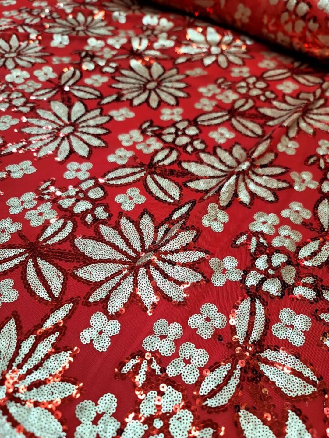 Fabric by the Yard Red Gold Sequin Floral Lace Embroidery Four Way ...