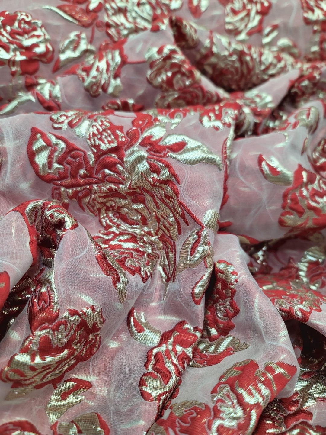 Red Gold Jacquard Brocade Fabric by the Yard Metallic Floral for Dress ...