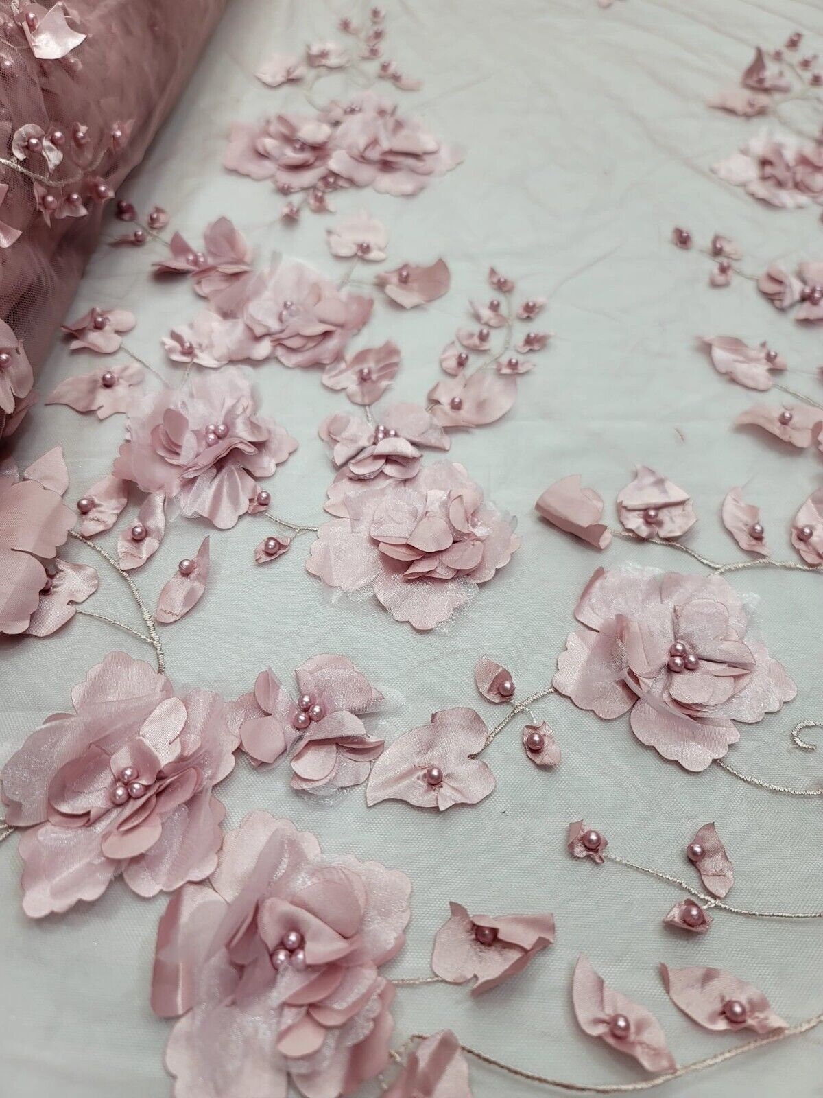 Fabric Sold by the Yard 3d Floral Lace Dusty Rose Embroidery Pearls ...