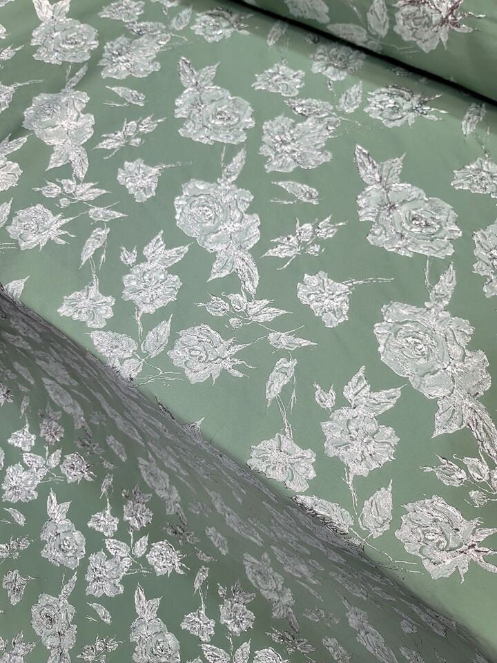 Sage Green Gold Floral Brocade Fabric Sold by the Yard Textured ...