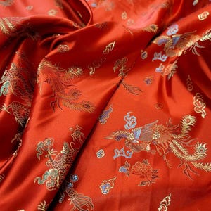 Red Color Brocade Silk Satin Chinese Woven Fabric by the Yard Dragon ...