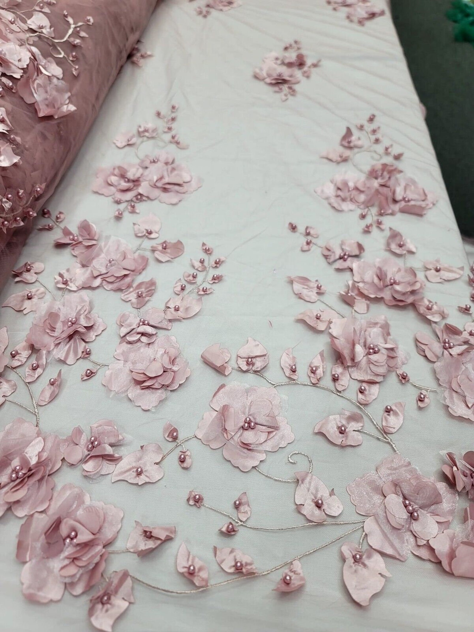 Fabric Sold by the Yard 3d Floral Lace Dusty Rose Embroidery Pearls ...