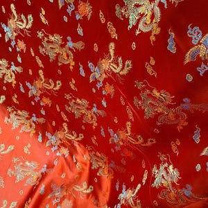 Red Color Brocade Silk Satin Chinese Woven Fabric by the Yard Dragon ...