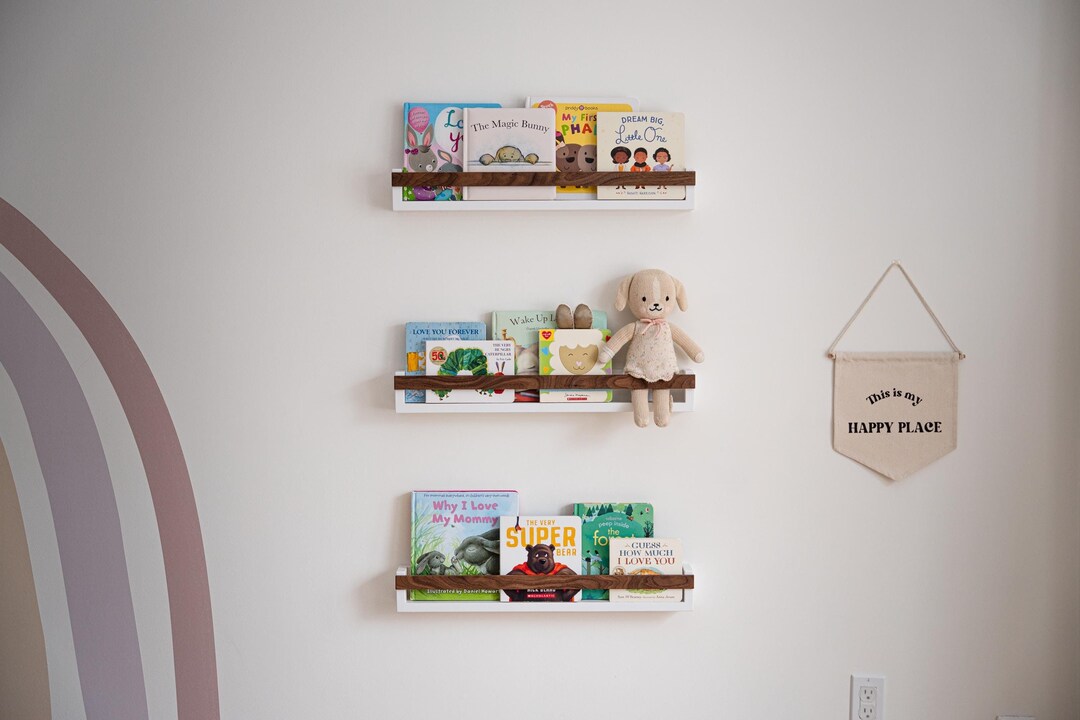 Nursery Bookshelf - Walnut Kids Floating Shelves for Playroom, Wooden ...