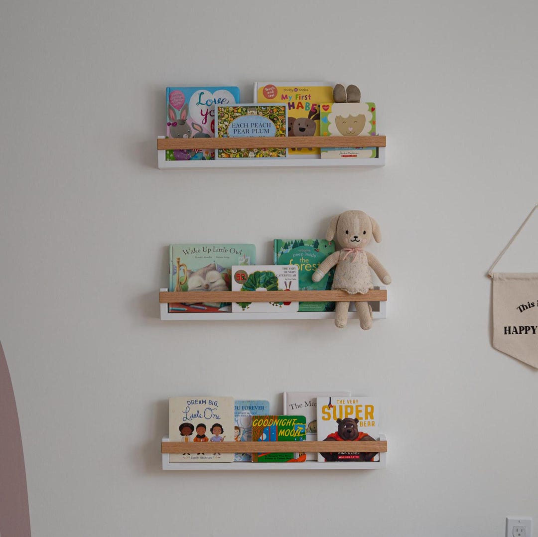 3 Nursery Bookshelf Red Oak Kids Floating Shelves for Playroom, Wooden ...