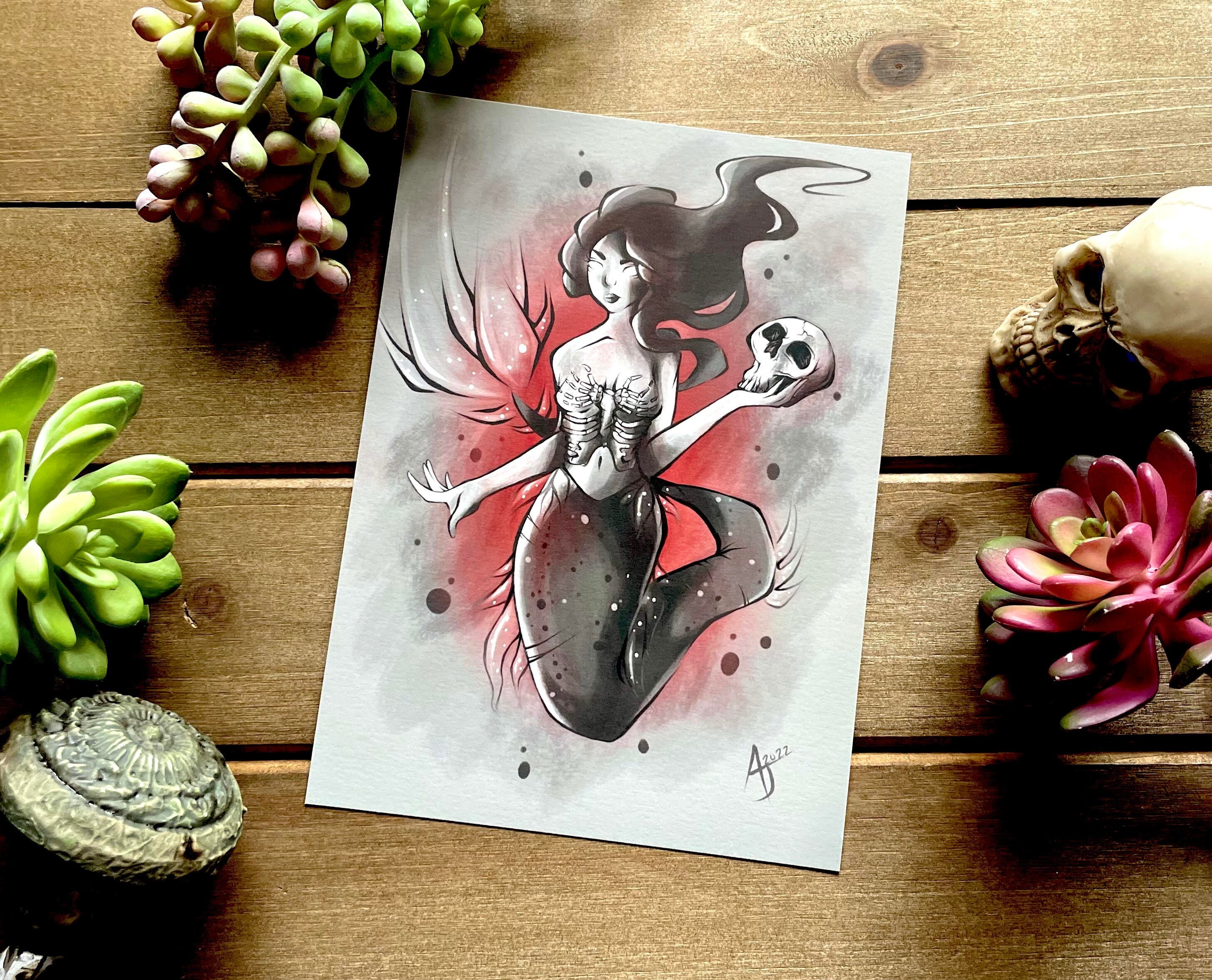 Goth Mermaid Art Print With Skull Siren Wall Art Spooky - Etsy