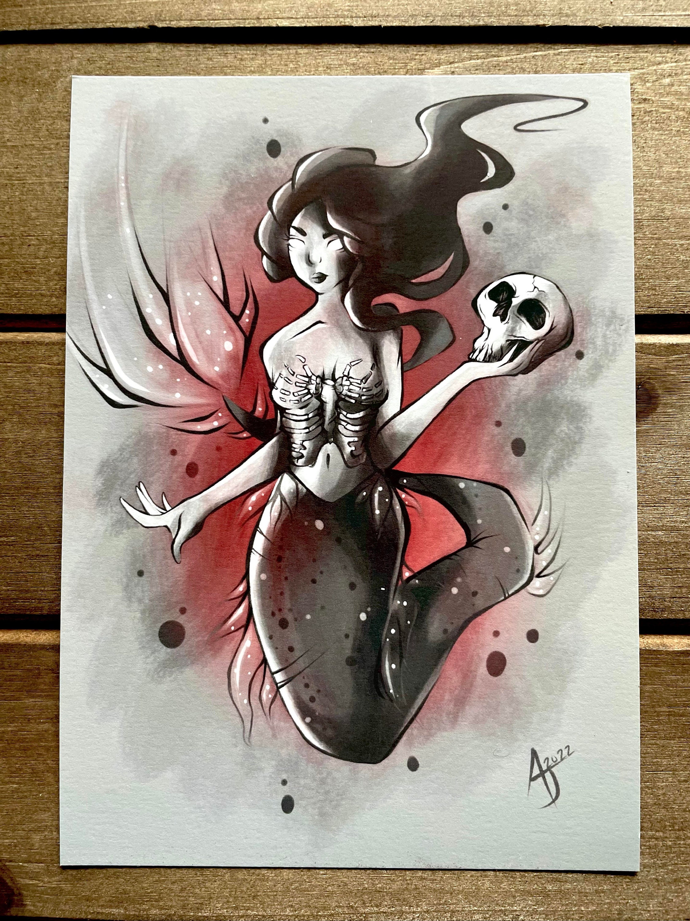 Goth Mermaid Art Print With Skull Siren Wall Art Spooky - Etsy