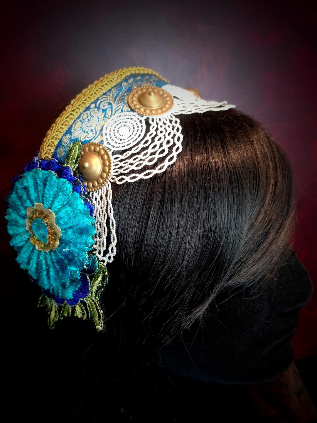 Blue and Gold Flower Headband, Tribal Style Bellydance, Fusion, Theatre ...