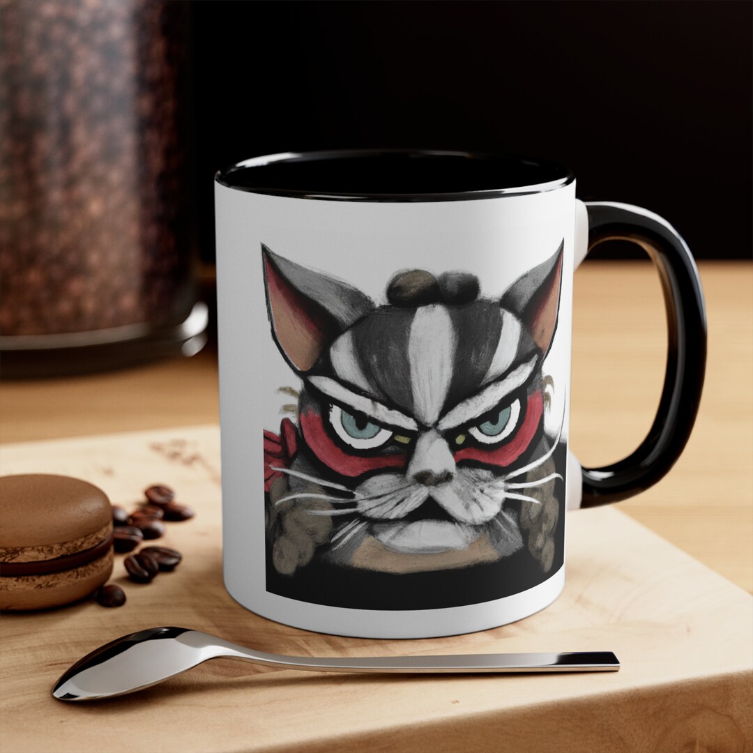 Buk Cat Coffee Mug, Bold Cat Face, Blue Eyes, Black & White Stripes ...