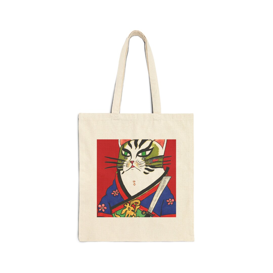 Samurai Cat Tote Bag, Stoic Cat, Cartoon Kabuki Cat Character, Cat Art ...